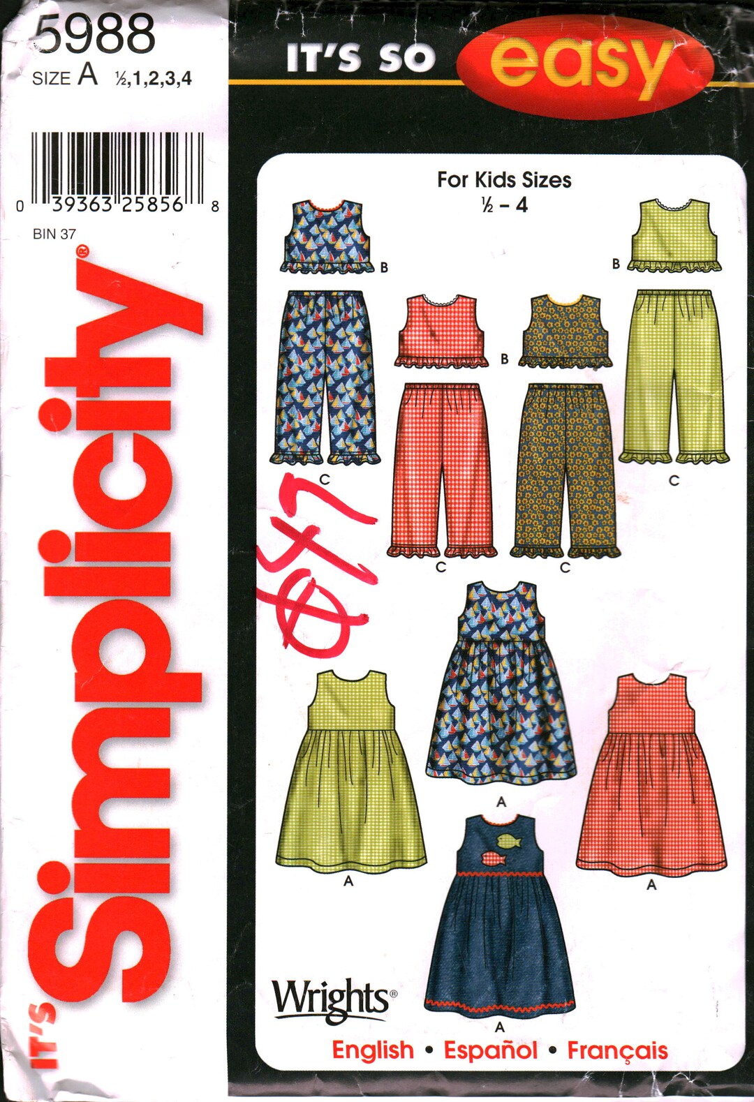 5988 Vintage Simplicity Pattern Girls Dress Top Pants SEWING UNCUT 1/2 ...