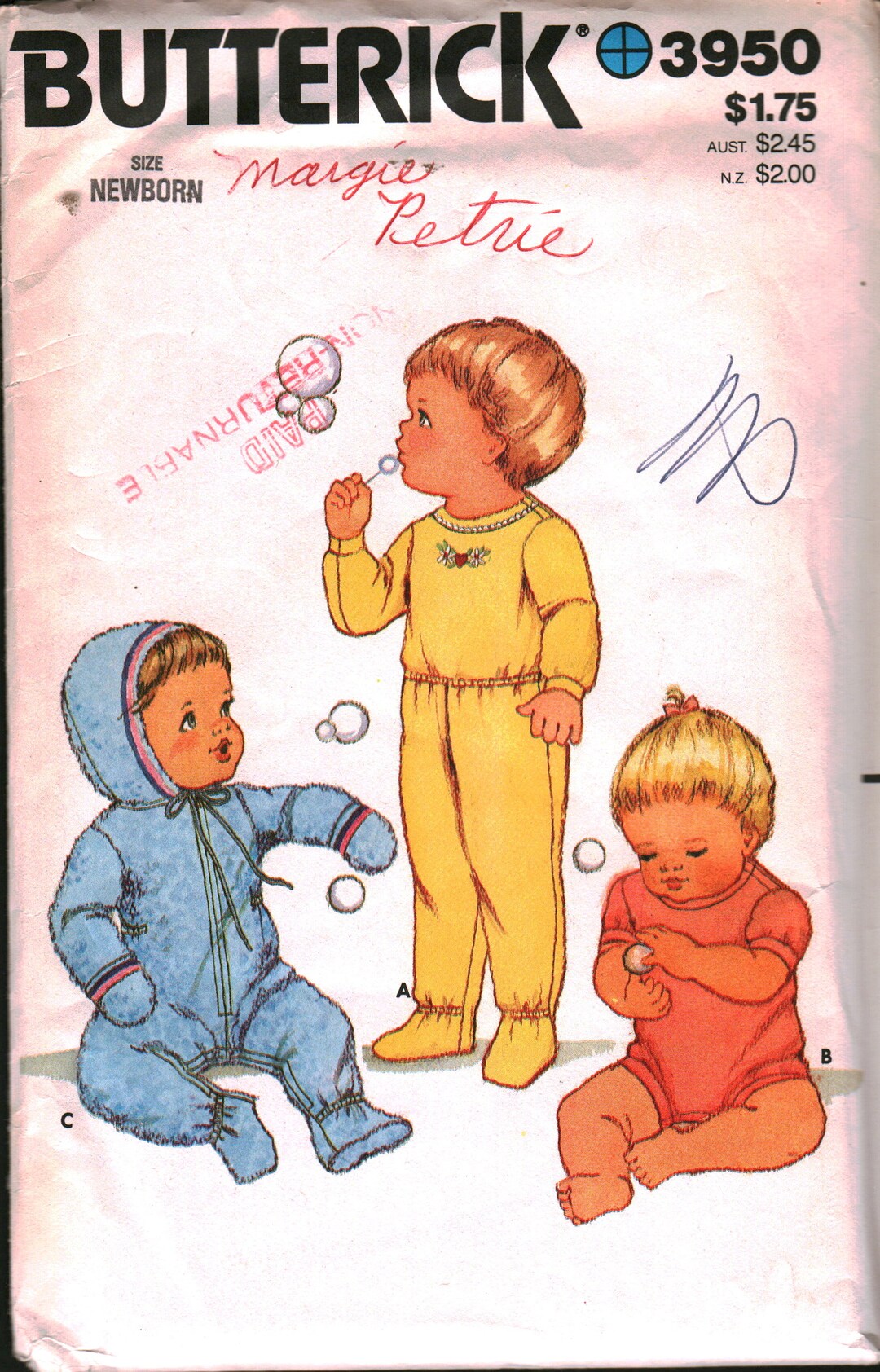 3950 UNCUT Vintage Butterick SEWING Pattern Infants' Top Pants Romper ...