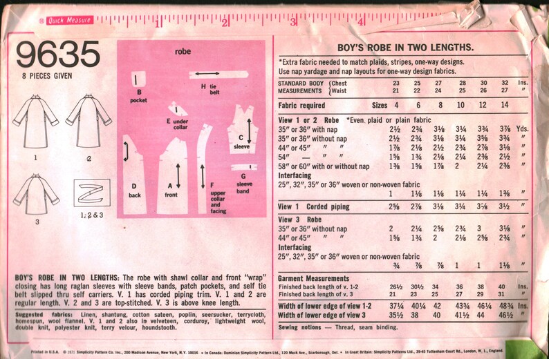 9635 VINTAGE Simplicity SEWING Pattern Childs Robe Oop Sew - Etsy