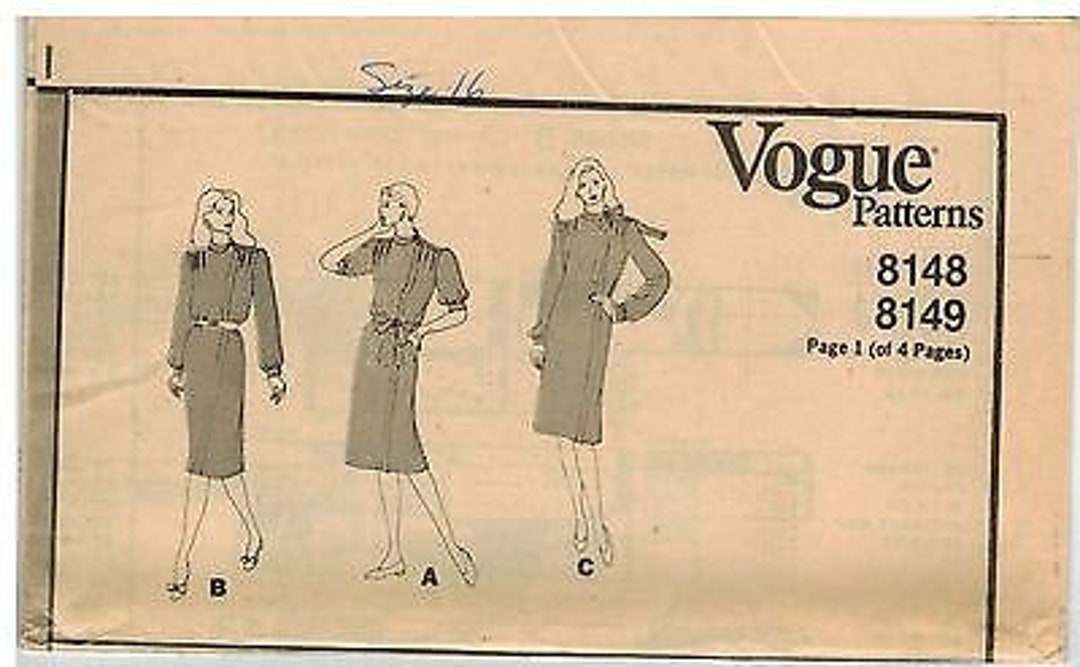 8149 UNCUT Vintage Vogue Sewing Pattern Misses Straight Dress 16 1980's ...