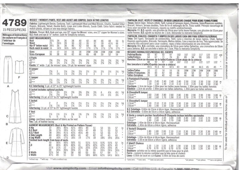 4789 UNCUT Simplicity SEWING Pattern Misses Pants Vest Jacket - Etsy
