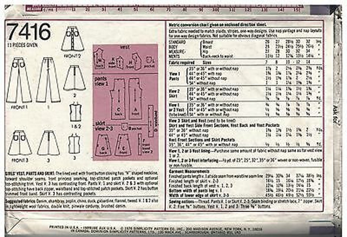 7416 Simplicity Vintage Sewing Pattern Girls Vest Pants Skirt | Etsy