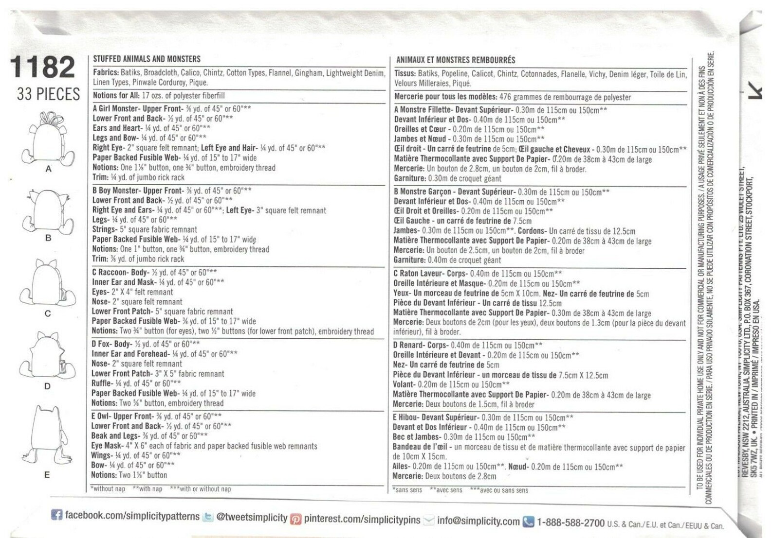 1182 UNCUT Simplicity SEWING Pattern Stuffed Animals Monsters | Etsy