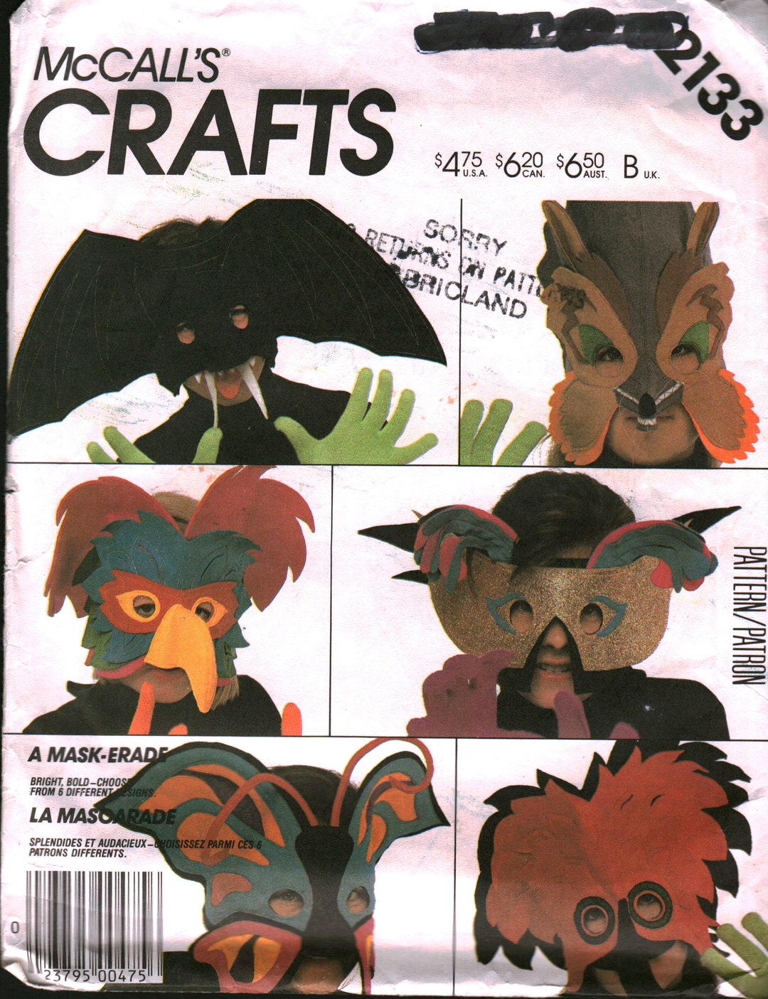 2133 Mccalls Vintage SEWING Pattern Halloween Mask Package OOP - Etsy