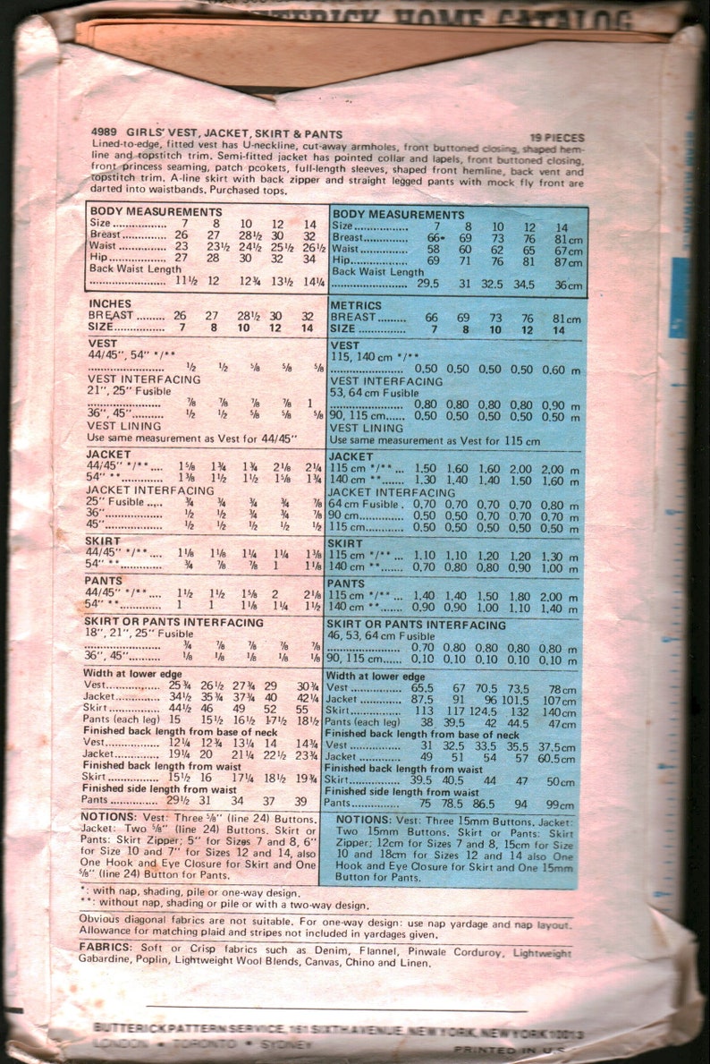 4989 Butterick Vintage SEWING Pattern Girls' Vest Jacket Skirt Pants ...