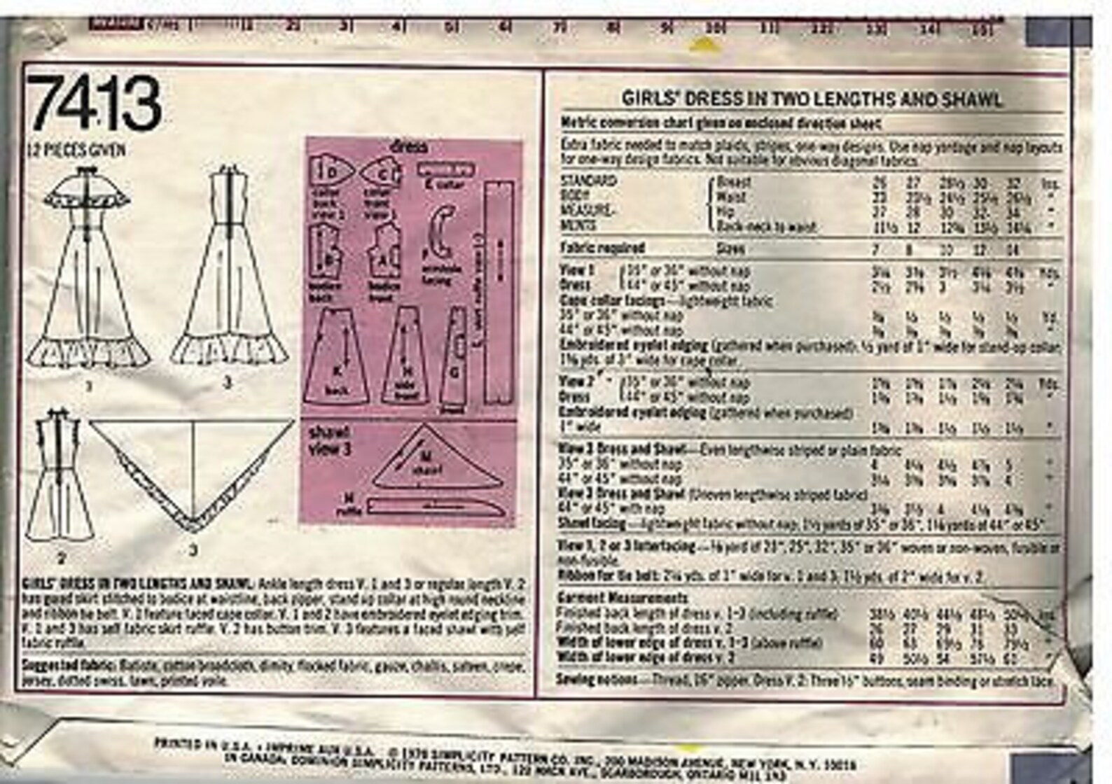 7413 Vintage Simplicity Sewing Pattern Girls Dress Two Lengths Shawl ...