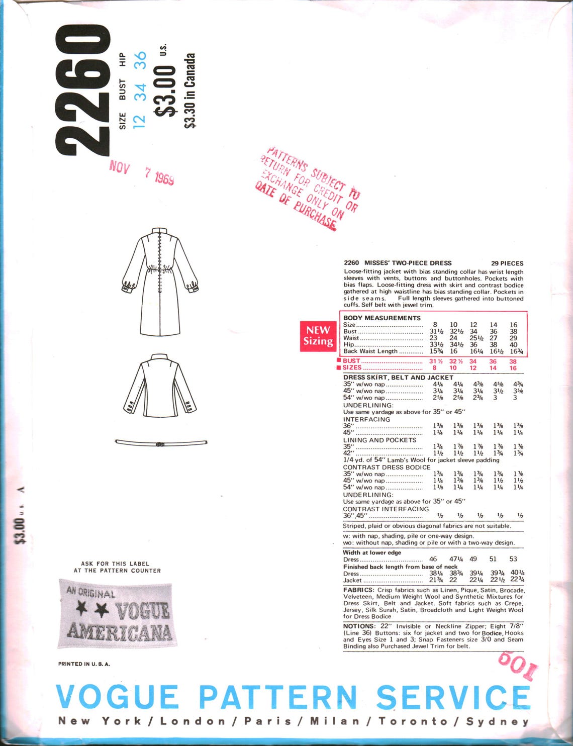 2260 Vintage Vogue Sewing Pattern Misses 1960s Vogue Americana Loose ...