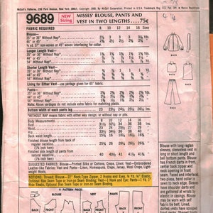9689 Mccalls Vintage SEWING Pattern Misses Blouse Pants Vest - Etsy