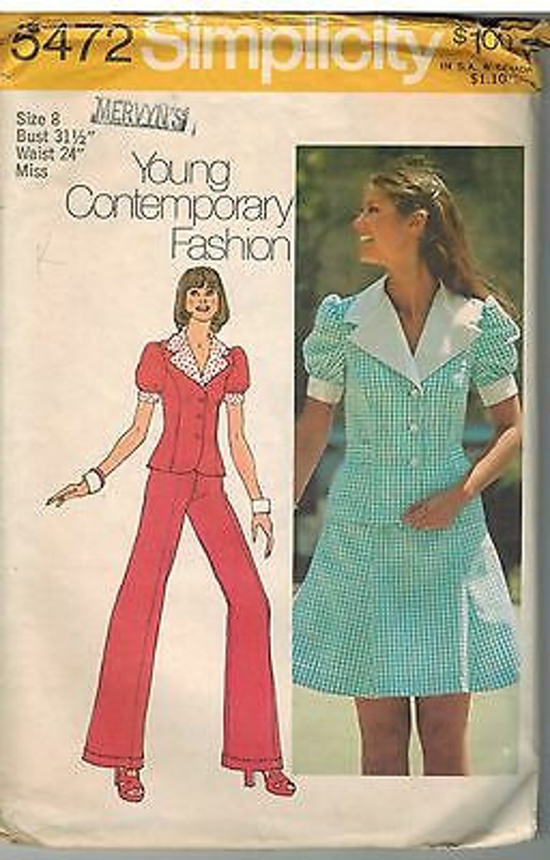 5472 Vintage Simplicity Sewing Pattern Misses Two Piece Dress Pants ...