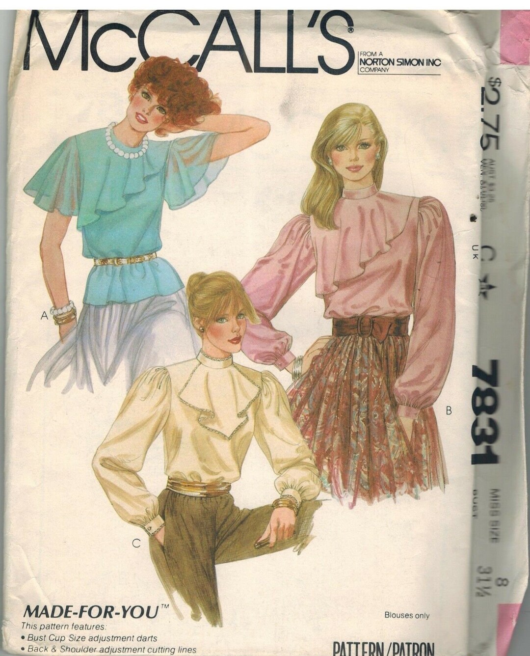 7831 UNCUT Mccalls Sewing Pattern Misses Pullover Blouse Bias Cut Front ...
