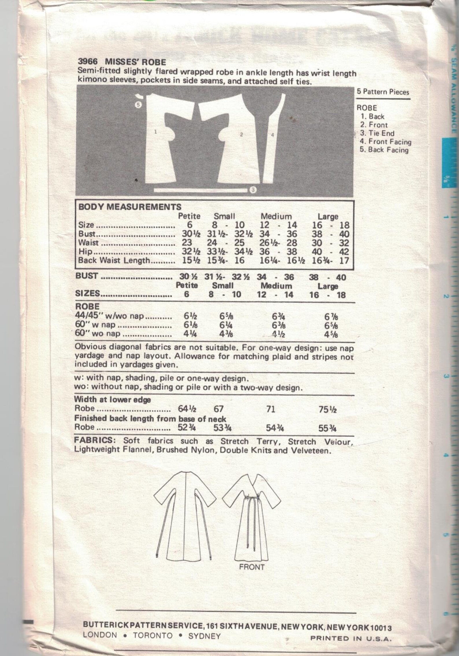 3966 Butterick Misses Sewing Pattern Long Wrap Around Robe - Etsy