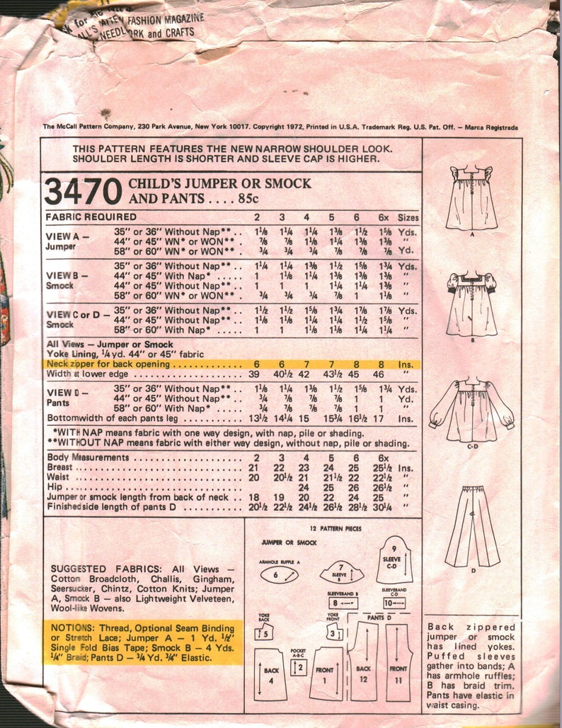 3470 Vintage Mccalls Pattern Childs' Jumper Smock Pants SEWING OOP - Etsy