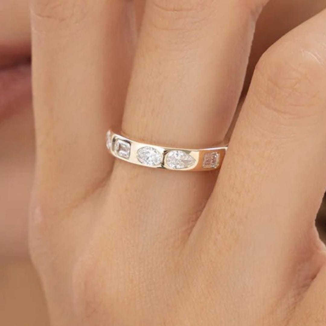 Gold Diamond Band Ring, Unique Multi Shape Stone Ring, Emerald Cut Pear ...