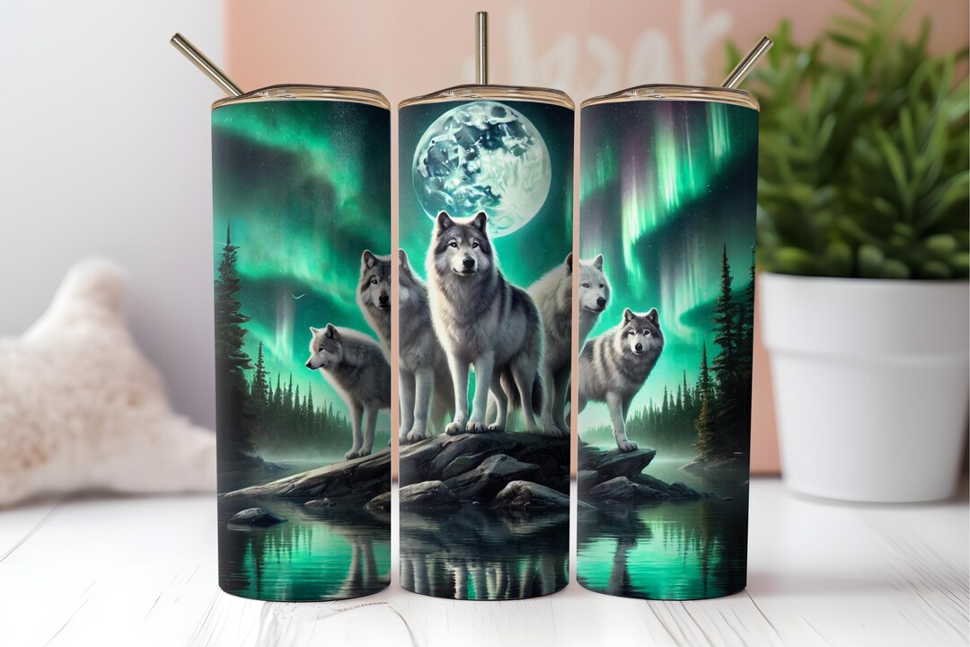 Northern Lights Wolf Tumbler Wrap, 20 Oz Skinny Tumbler, Aurora ...