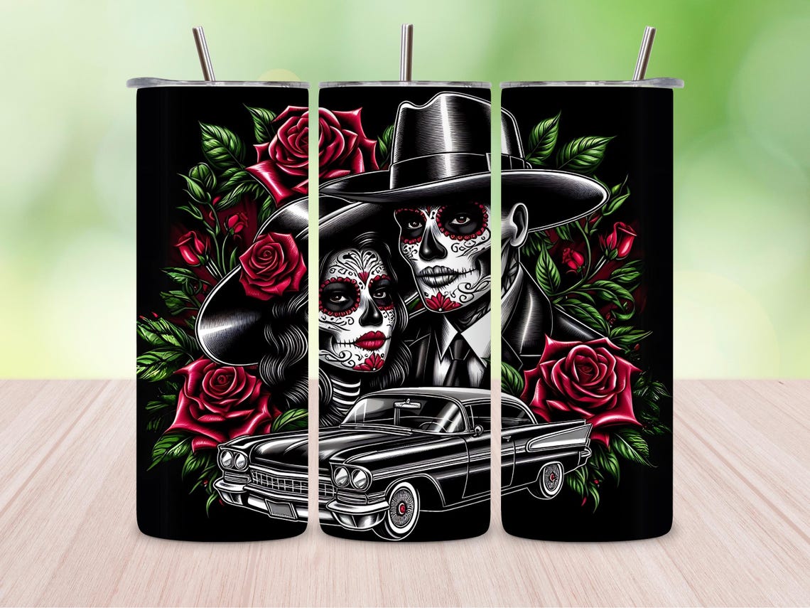 Chicano Cholo Couple Tumbler Wrap: Sugar Skull Lowrider PNG (digital ...