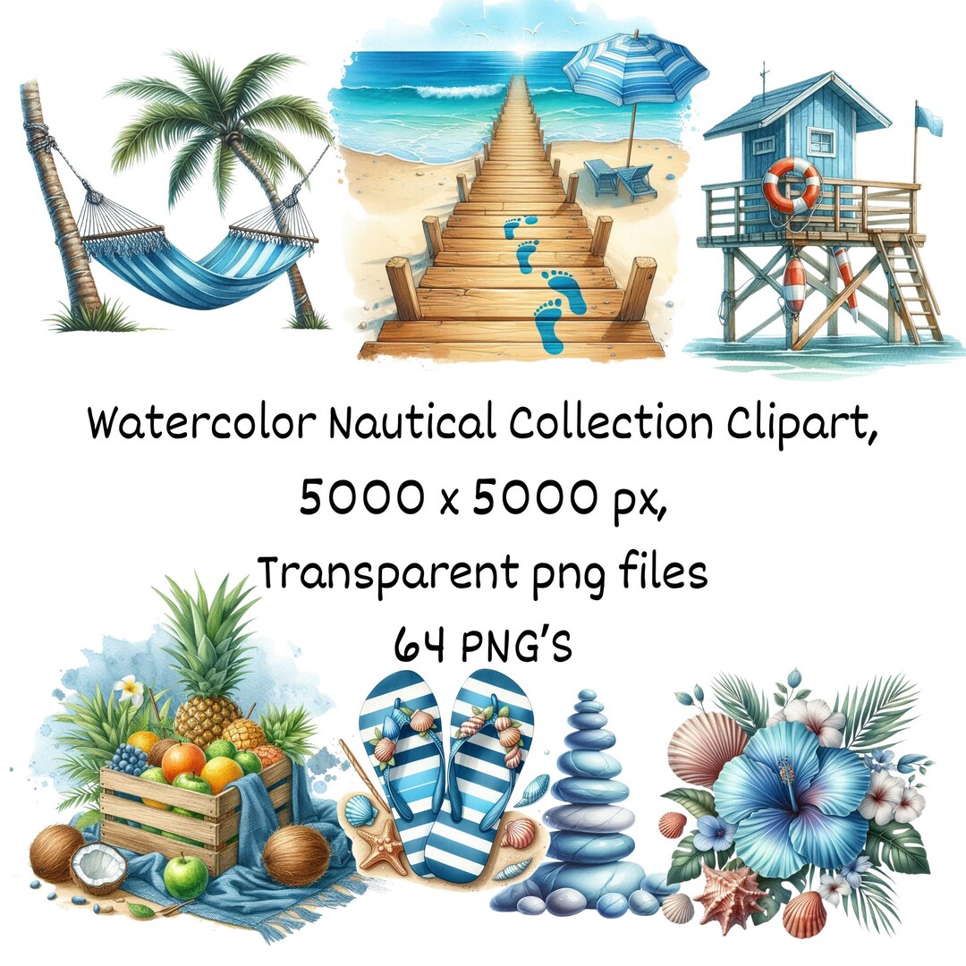 Watercolor Nautical Clipart, Beach Clipart Bundle, Ocean PNG, Summer ...