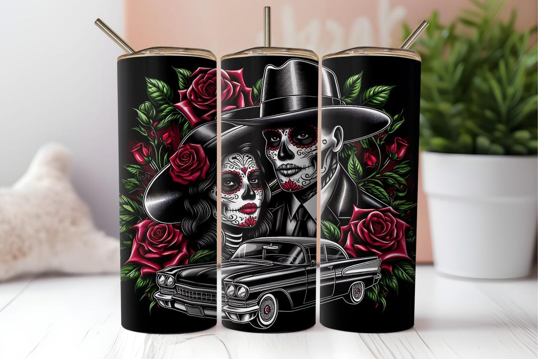 Chicano Cholo Couple Tumbler Wrap: Sugar Skull Lowrider PNG (digital ...