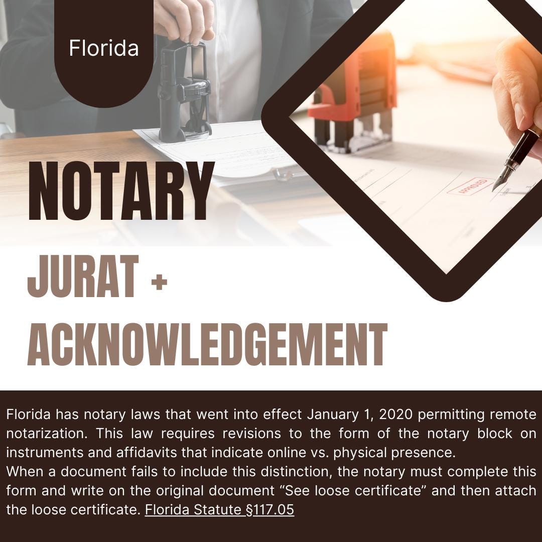 Florida Notary - Jurat and Acknowledgement Loose Certificates - Etsy