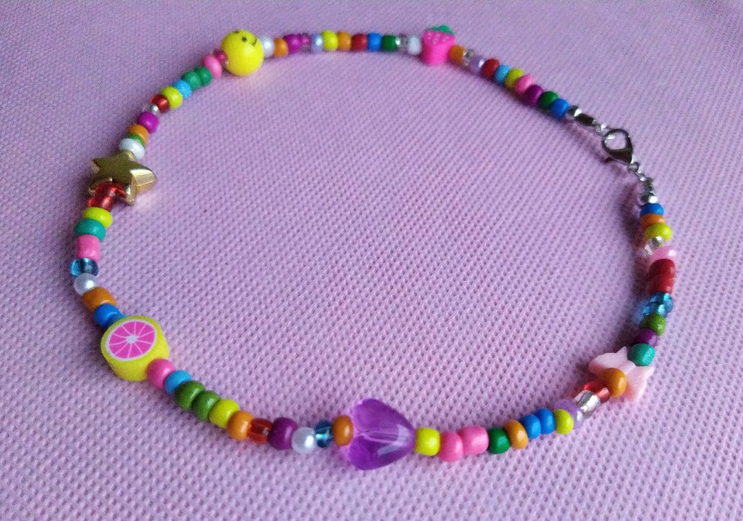 Mixed Bead Rainbow Y2K Seed Bead Charm Choker - Retro, 90s, 2000s ...