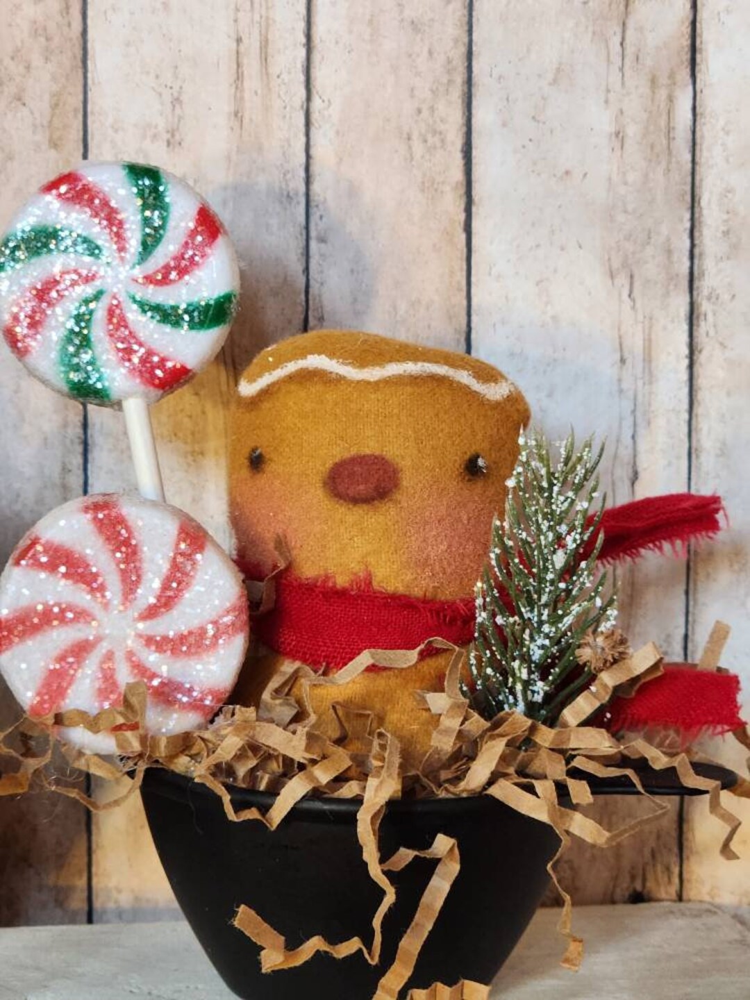 Gingerbread Christmas Decor Primitive in Measure Cups Peppermint Lolly ...