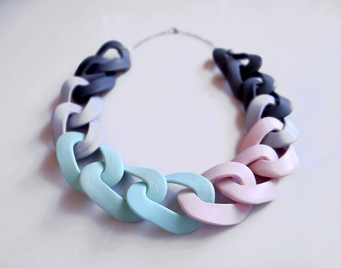 Chain Link Statement Necklace, Pastel Color Block Chunky Necklace in ...