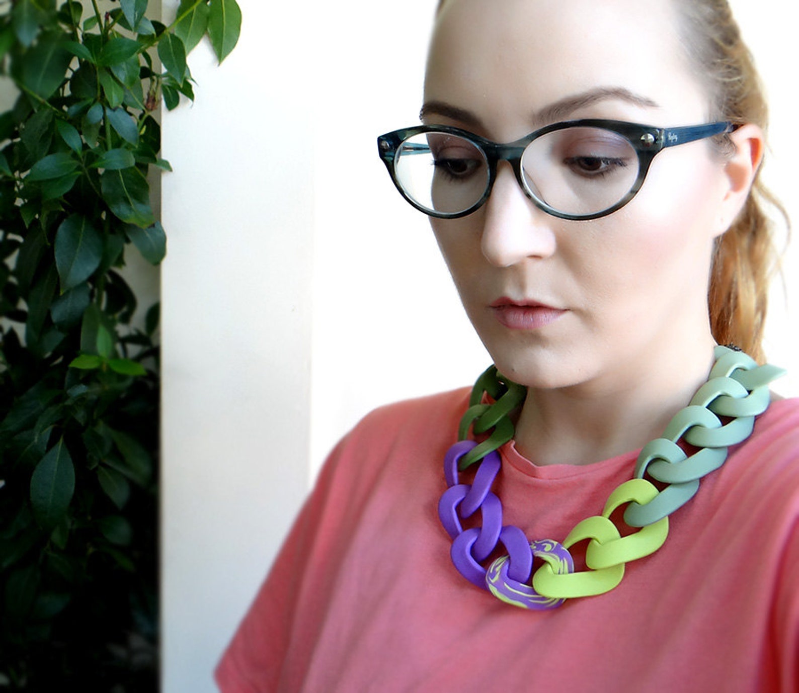 Green Purple Chain Link Multicolor Statement Necklace Chunky - Etsy