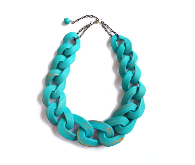 Teal Chain Link Necklace, Blue Gold Chunky Necklace, Statement Jewelry ...