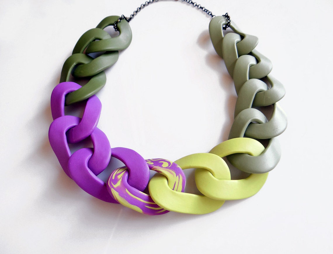 Green Purple Chain Link Multicolor Statement Necklace, Chunky Bib ...