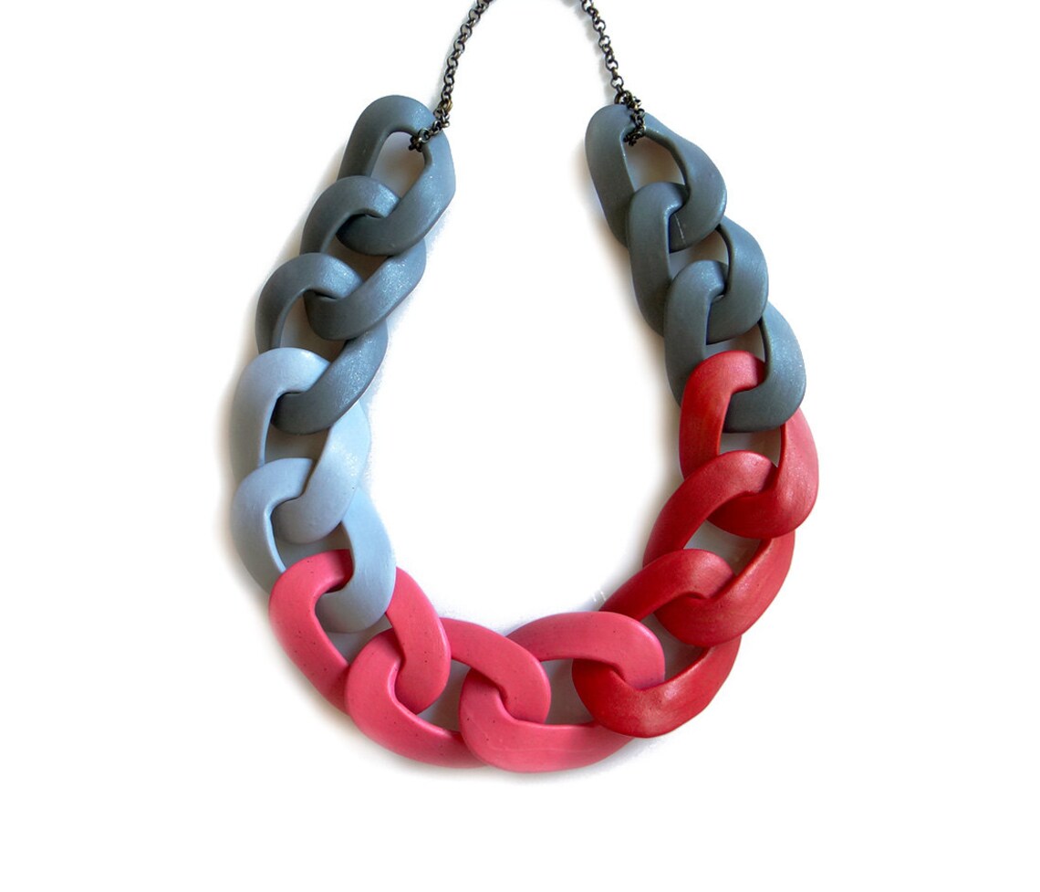 Chunky Chain Link Statement Necklace Grey Pink Red Necklace - Etsy