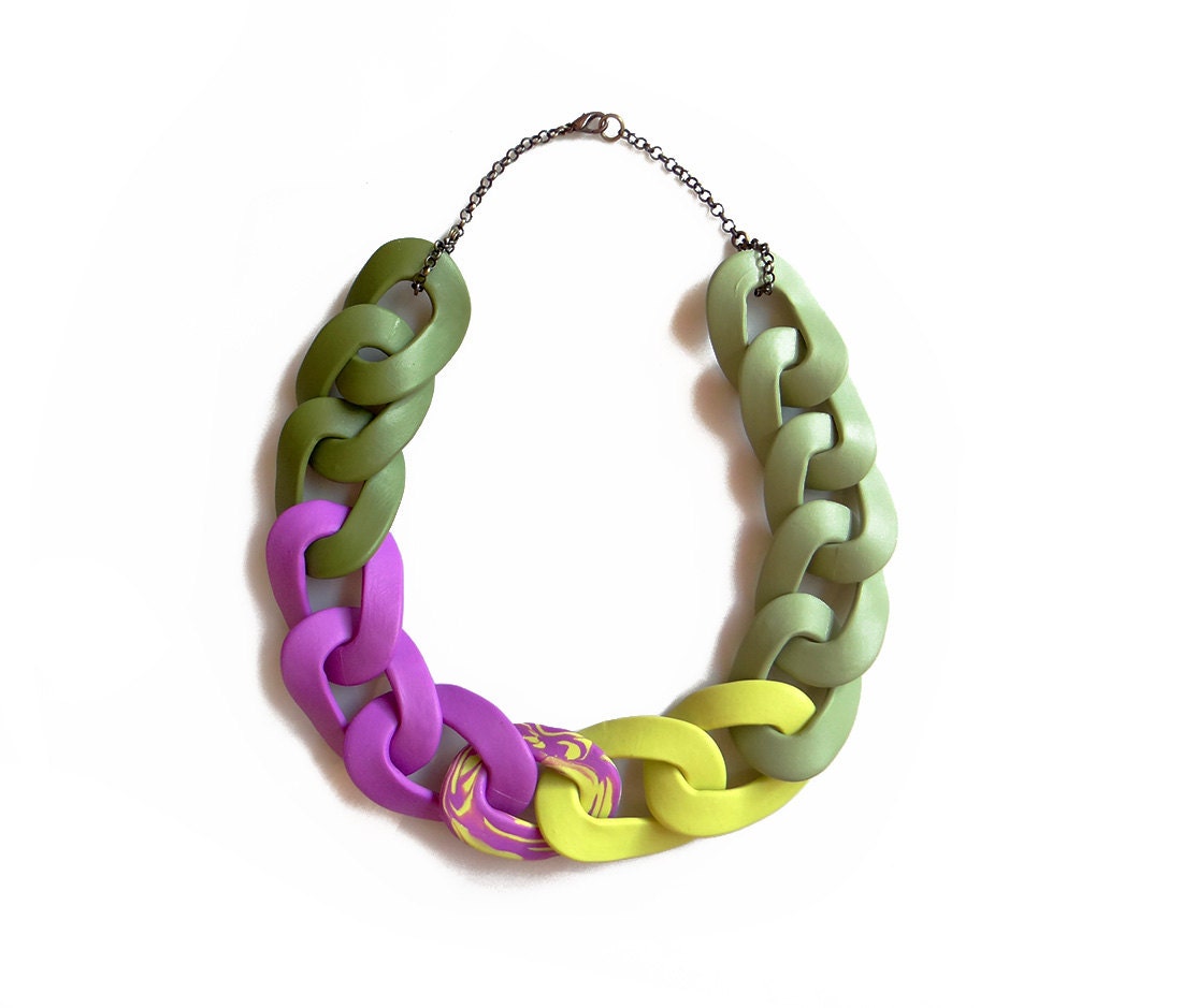 Green Purple Chain Link Multicolor Statement Necklace, Chunky Bib ...