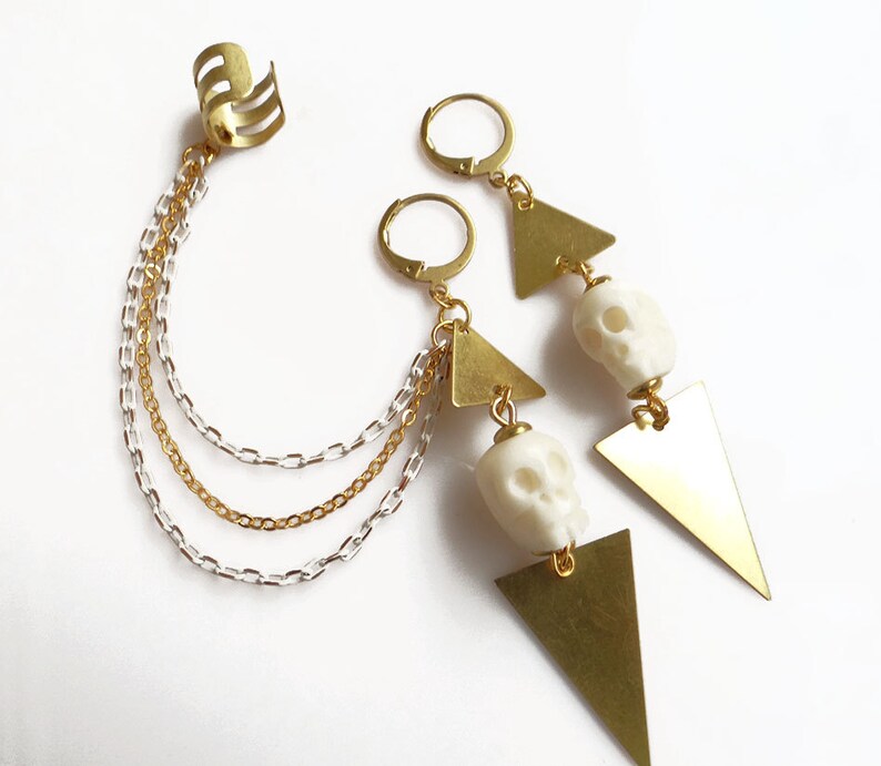 Skull Ear Cuff Earrings Gold Double Chain Cuff Bone Skull - Etsy
