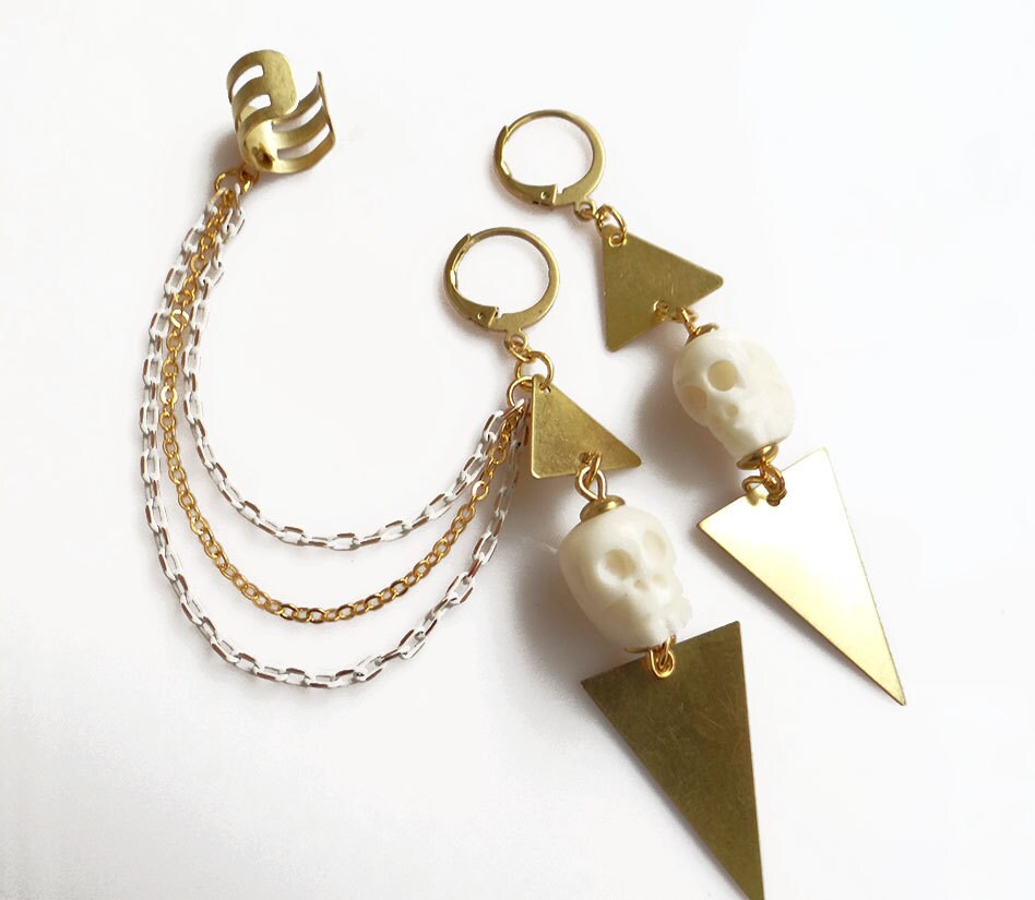 Skull Ear Cuff Earrings Gold Double Chain Cuff Bone Skull - Etsy