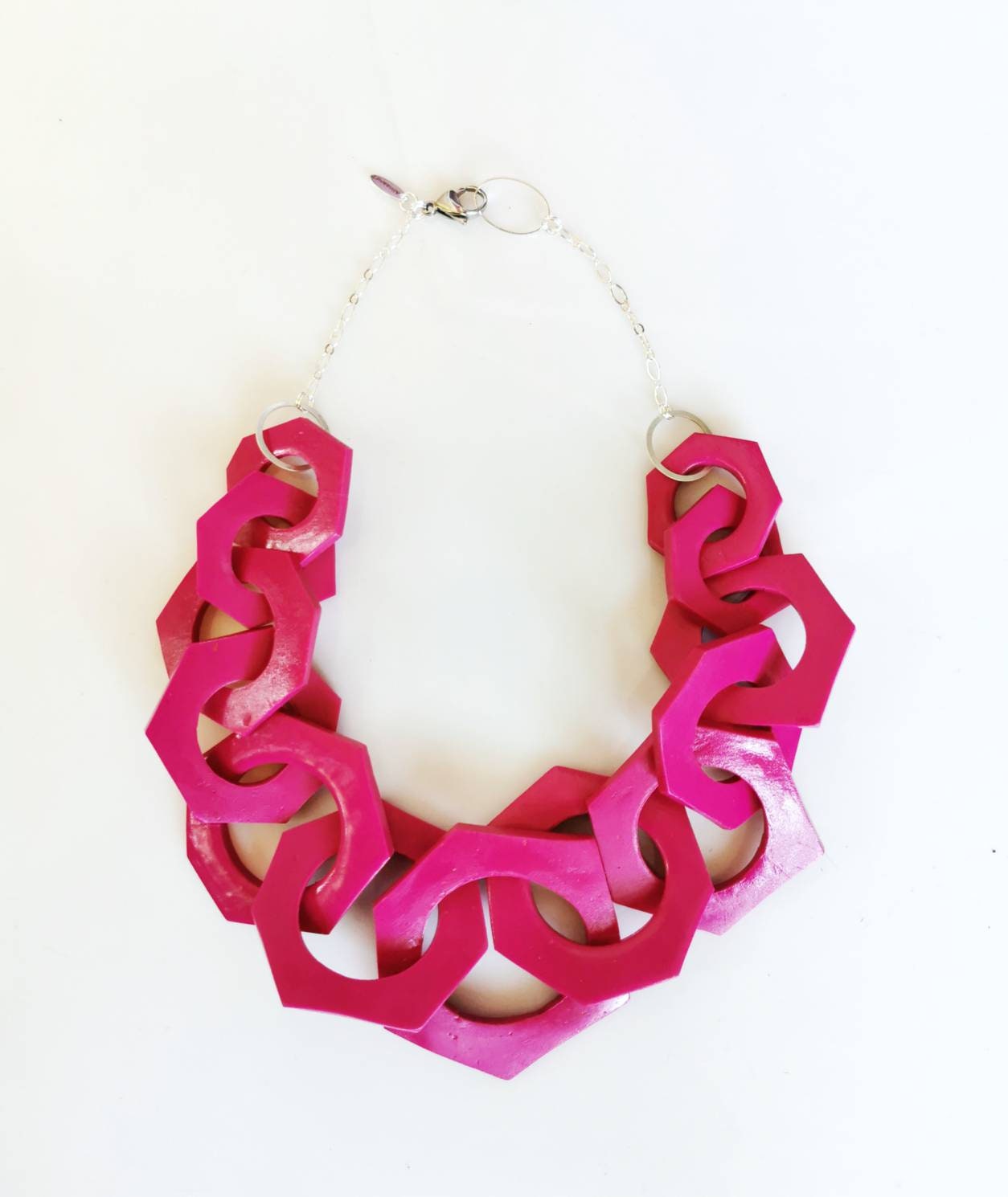 Magenta Pink Chunky Link Necklace, Hexagon Geometric Statement Necklace ...