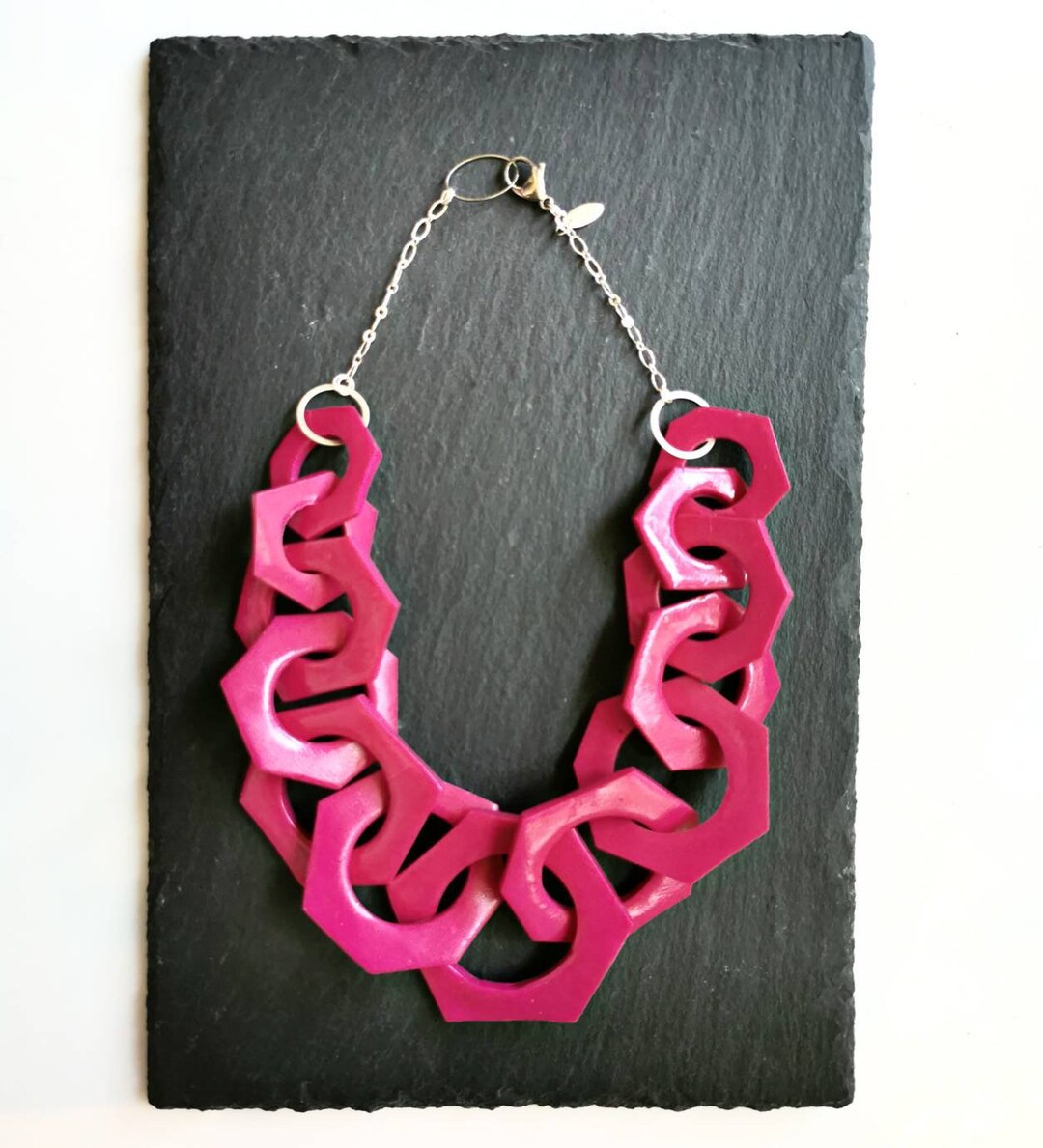 Magenta Pink Chunky Link Necklace, Hexagon Geometric Statement Necklace ...