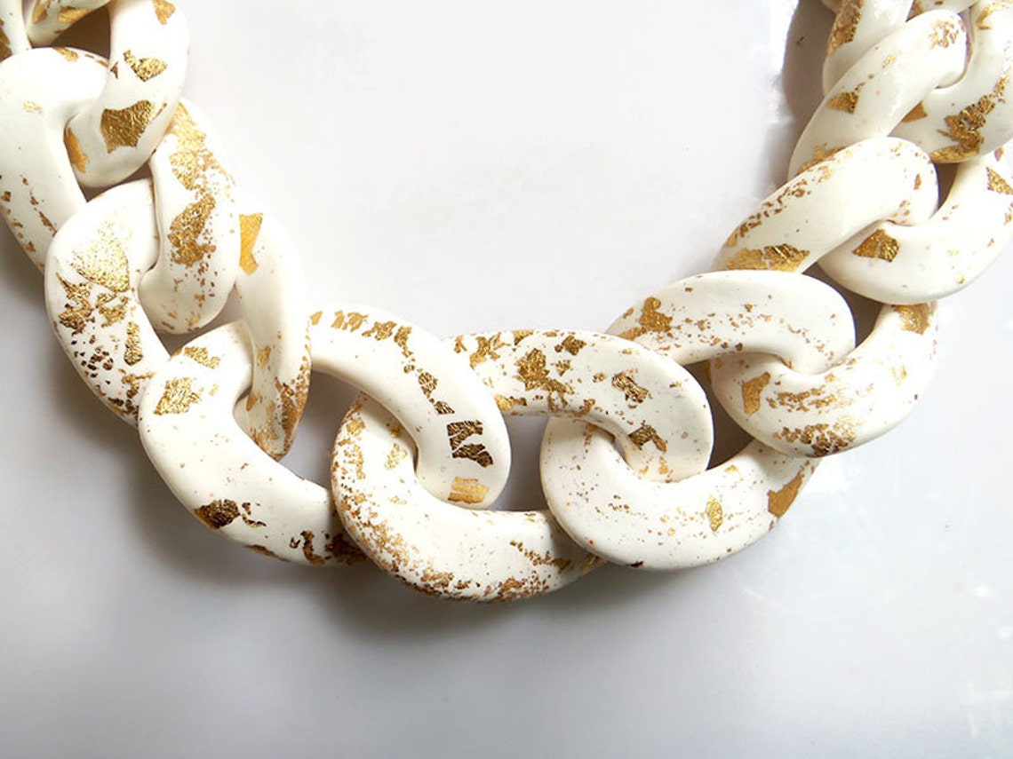 White Chunky Chain Necklace With Gold Specks Oversized Chunky - Etsy