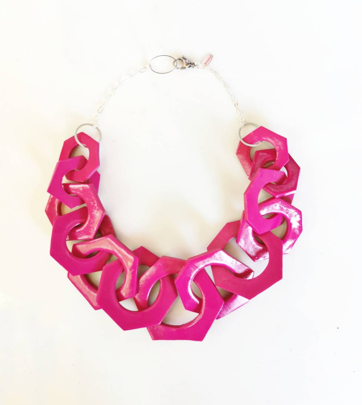 Magenta Pink Chunky Link Necklace, Hexagon Geometric Statement Necklace ...