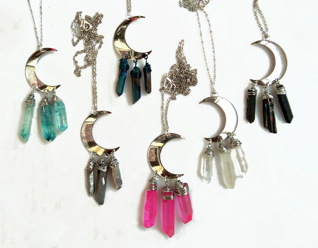 Silver Moon Necklace, Quartz Point Necklace, Long Boho Necklace ...