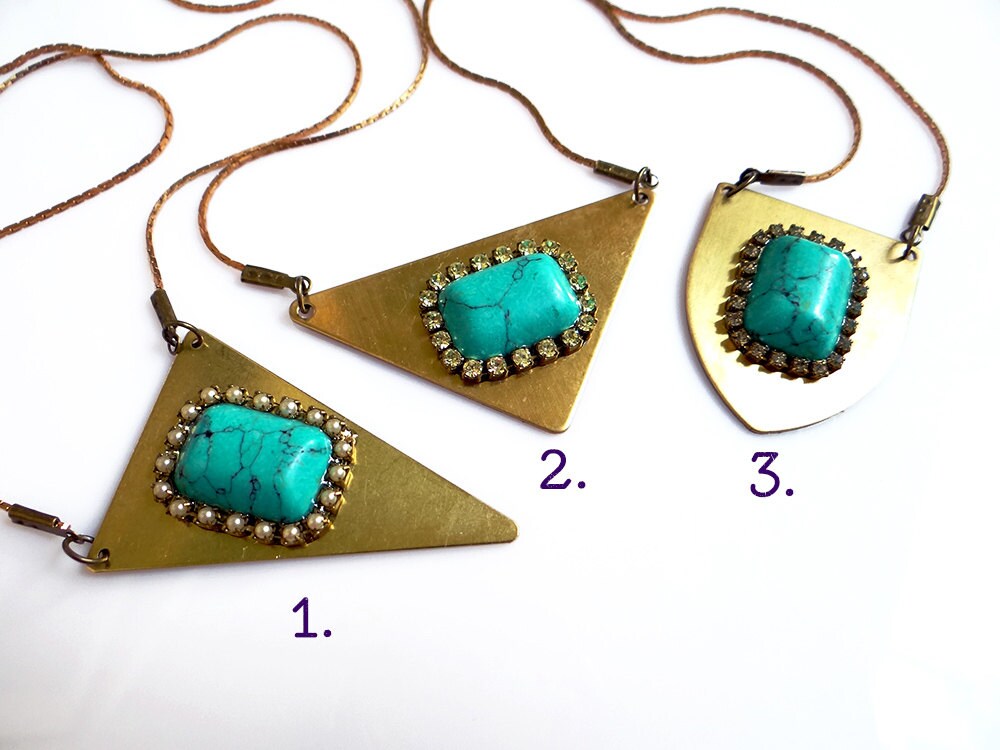 Turquoise Pendant Necklace: Long Geometric Brass Statement Necklace - Etsy