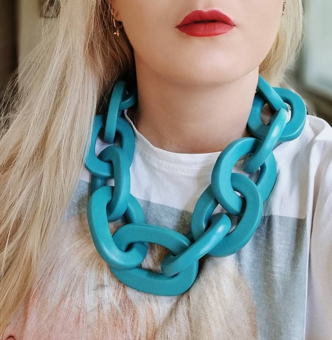 Huge Teal Blue Bottega Chain Necklace, Oversized Chain Link Statement ...