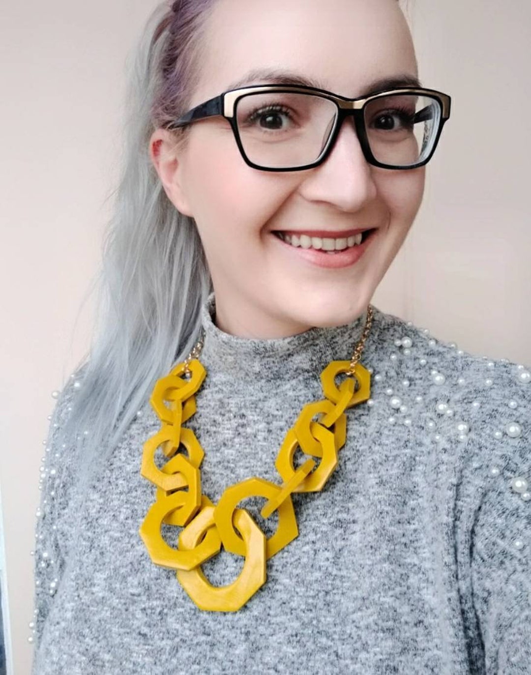 Mustard Yellow Link Necklace, Geometric Statement Necklace, Hexagon ...