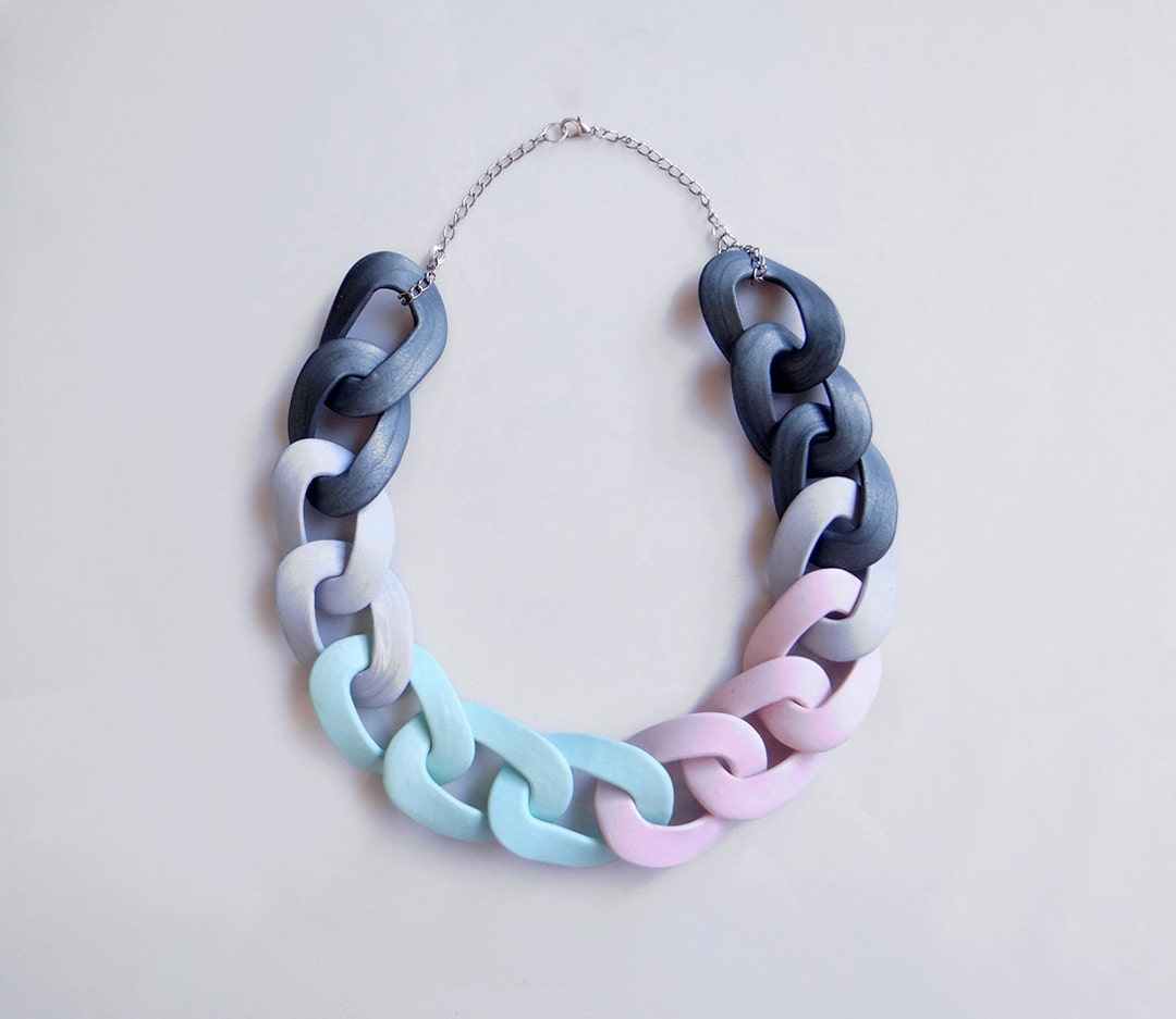Chain Link Statement Necklace, Pastel Color Block Chunky Necklace in ...