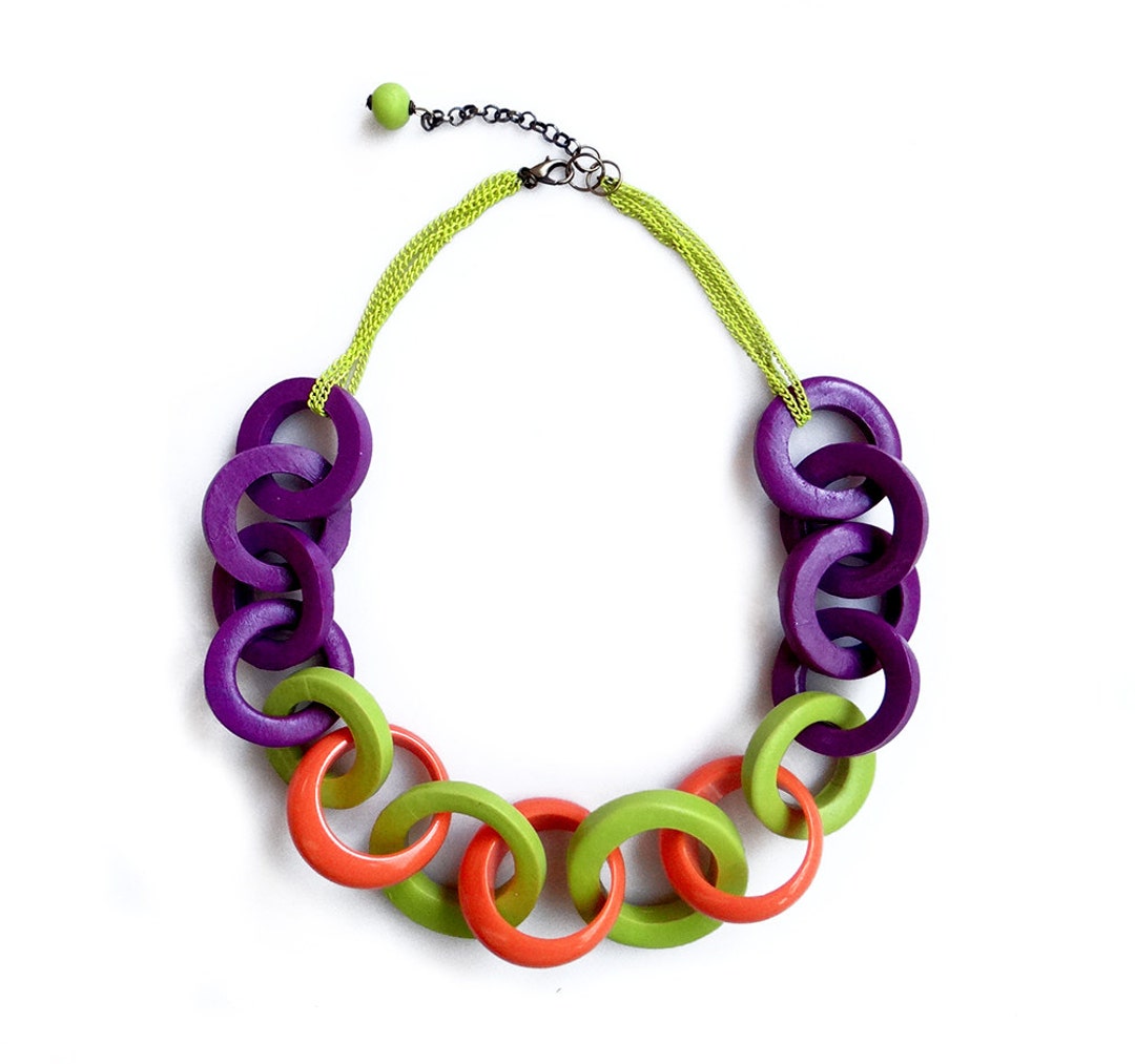 Colorful Statement Necklace, Multicolor Summer Necklace, Chain Rings ...