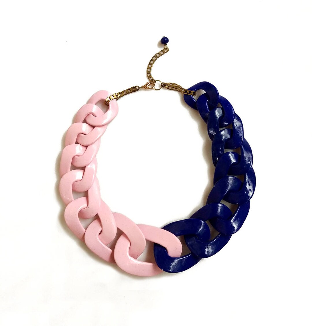 Two Color Statement Necklace, Chain Chunky Necklace, Pink Blue Necklace ...