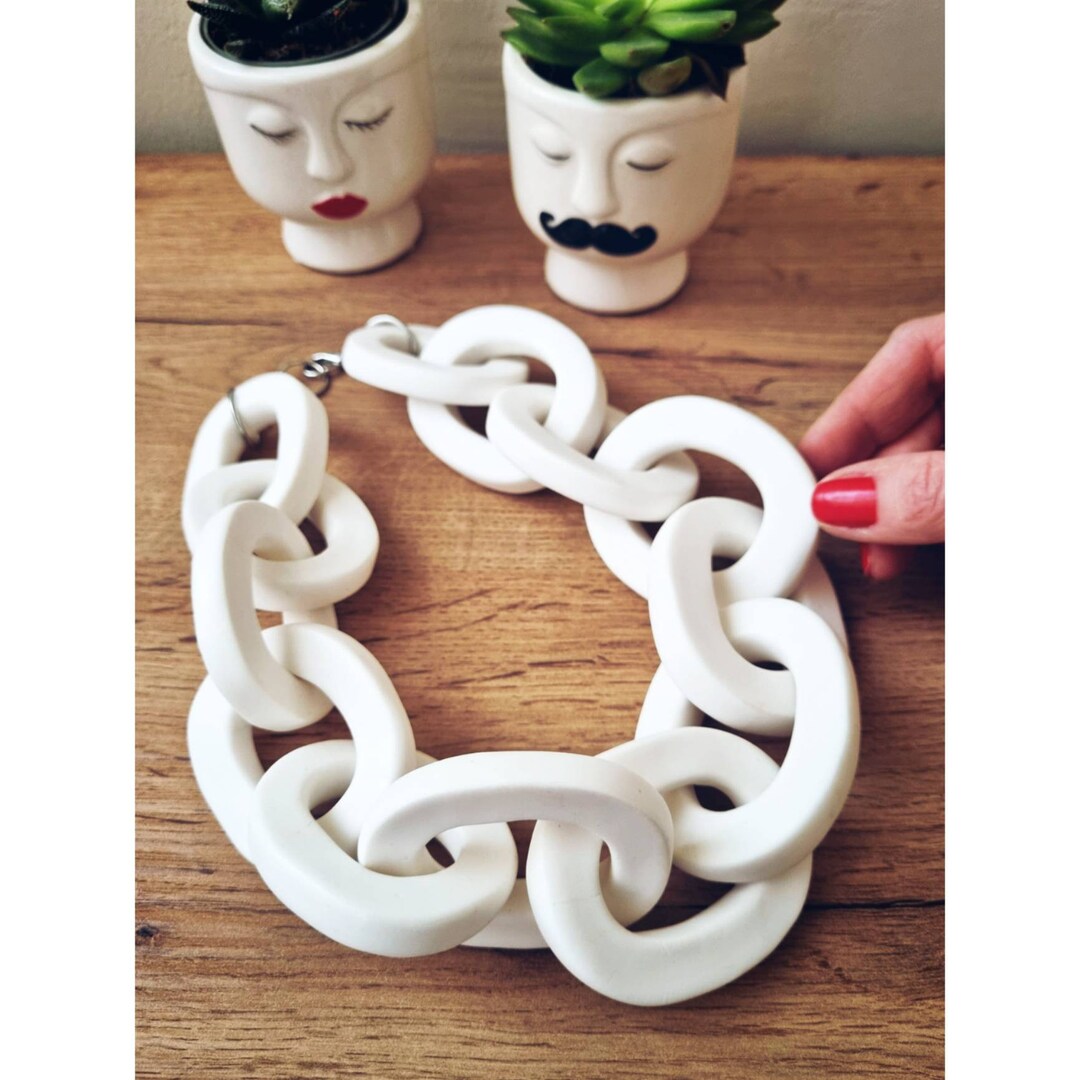 A Very Big White Chain Link Necklace, Huge Contemporary Polymer Clay ...