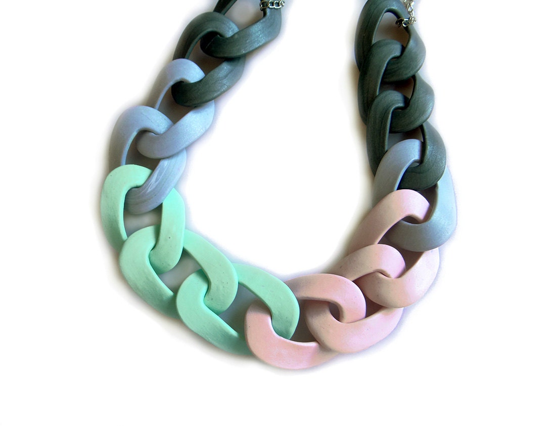 Chain Link Statement Necklace, Pastel Color Block Chunky Necklace in ...
