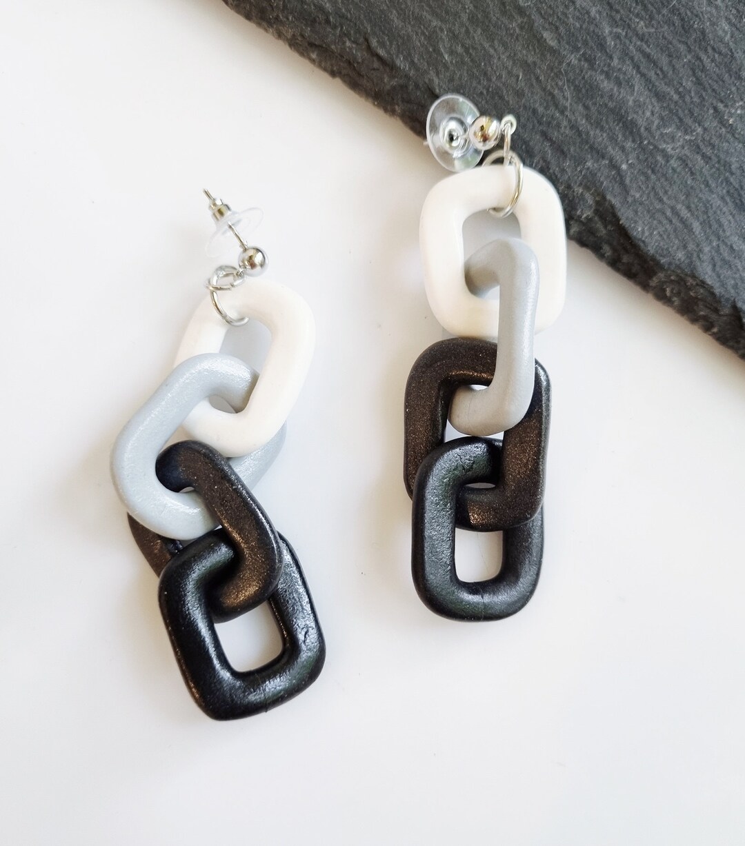 Chain Link Earrings Black and White Polymer Clay Earrings Big Chain Earrings Handmade Oversized Chain Earrings Etsy