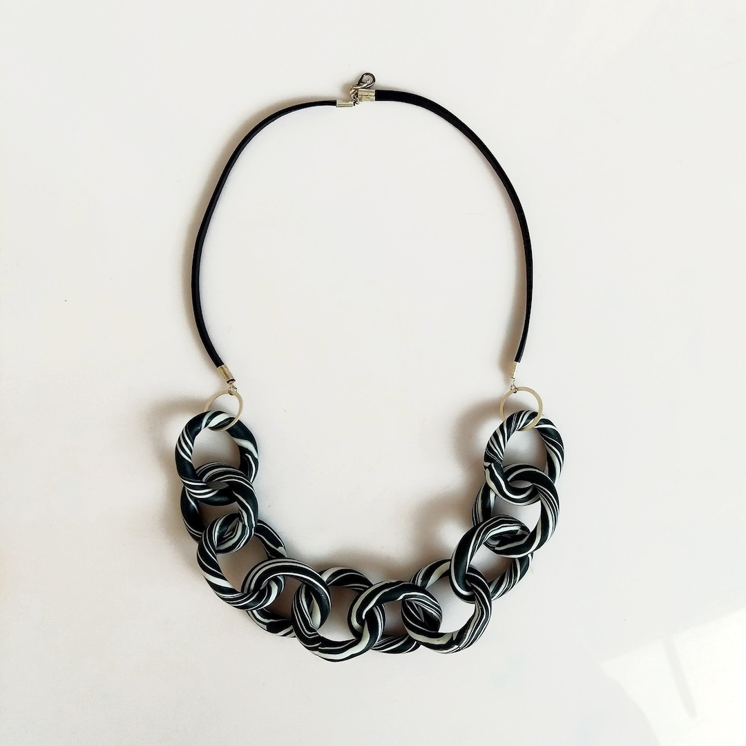 Black and White Swirl Chain Necklace, Chunky Link Necklace on Leather ...