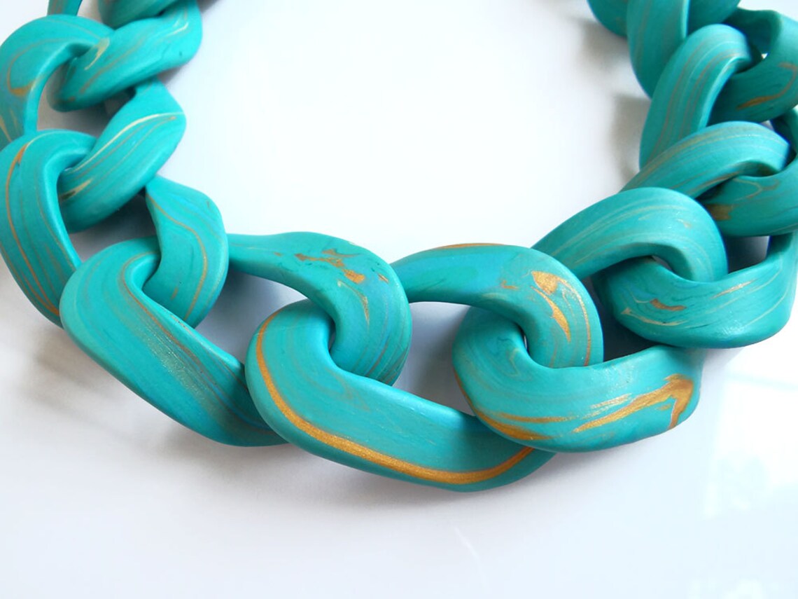 Teal Chain Link Necklace, Blue Gold Chunky Necklace, Statement Jewelry ...