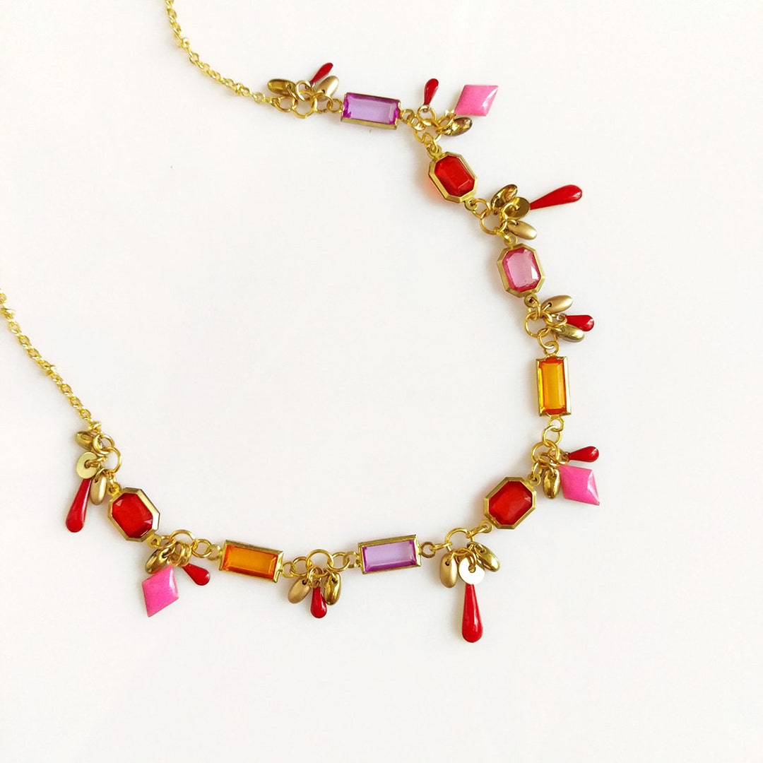 Delicate Choker, Gold Boho Choker, Dainty Red Gold Necklace, Short ...