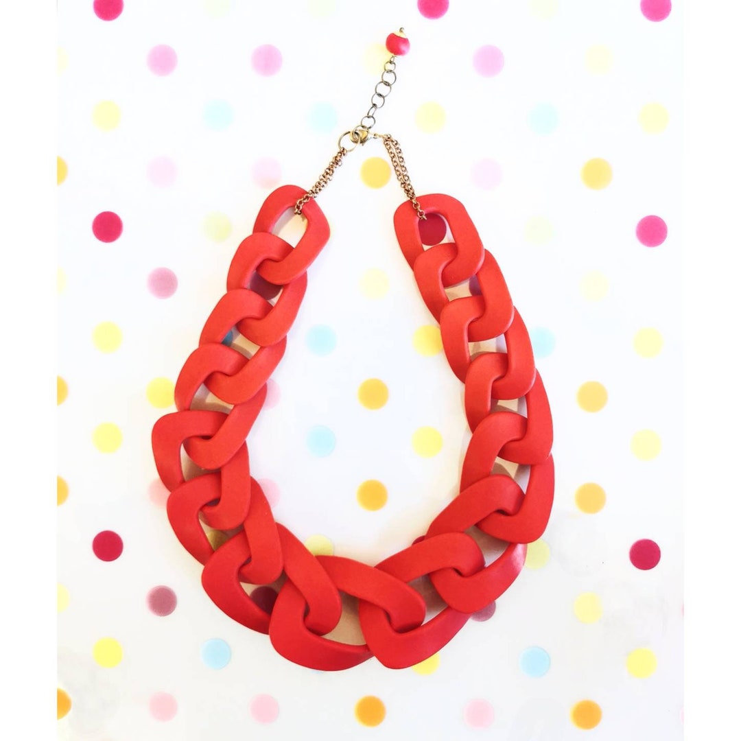 Red Oversized Chain Necklace, Cherry Red Chain Link Necklace, Polymer ...